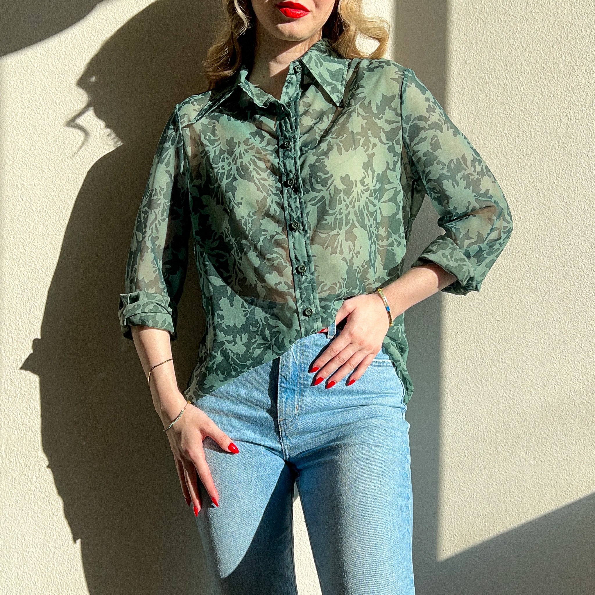 1970s Sheer Green Shades Pattern Blouse (M/L) – Studio Gloria Vintage